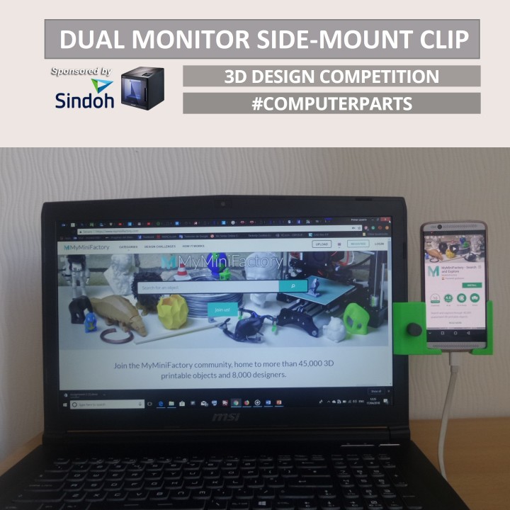 3D Printable ADJUSTABLE DUAL MONITOR SIDE-MOUNT CLIP by Marco Morata