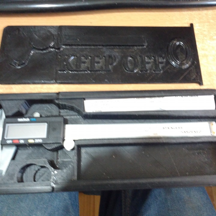 3D Printable Vernier Caliper Box KEEP OFF message sliding lid version ...
