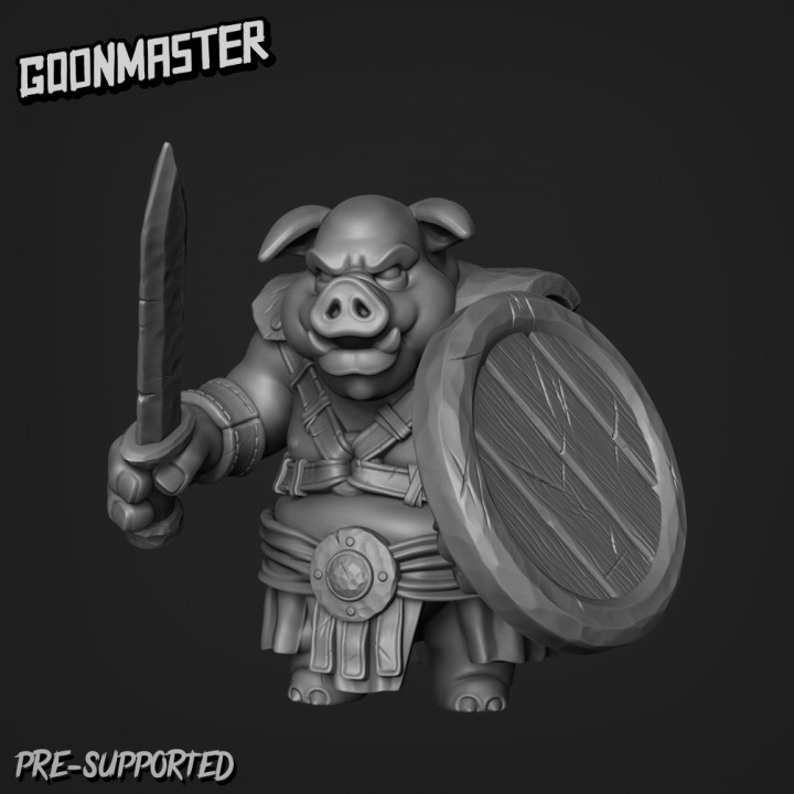 3D Printable Pig Man - Sword n Board by Goon Master