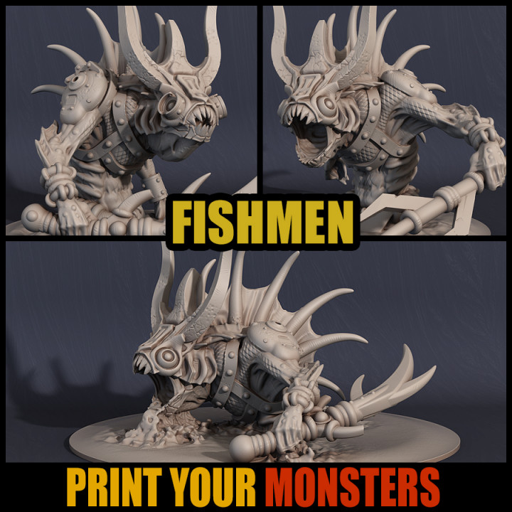 3D Printable 3 FISHMEN by PrintYourMonsters