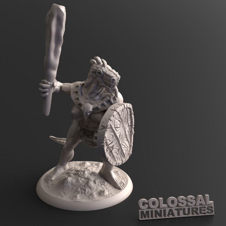 3D Printable Lizardfolk Female Club and Shield A by ColossalMiniatures